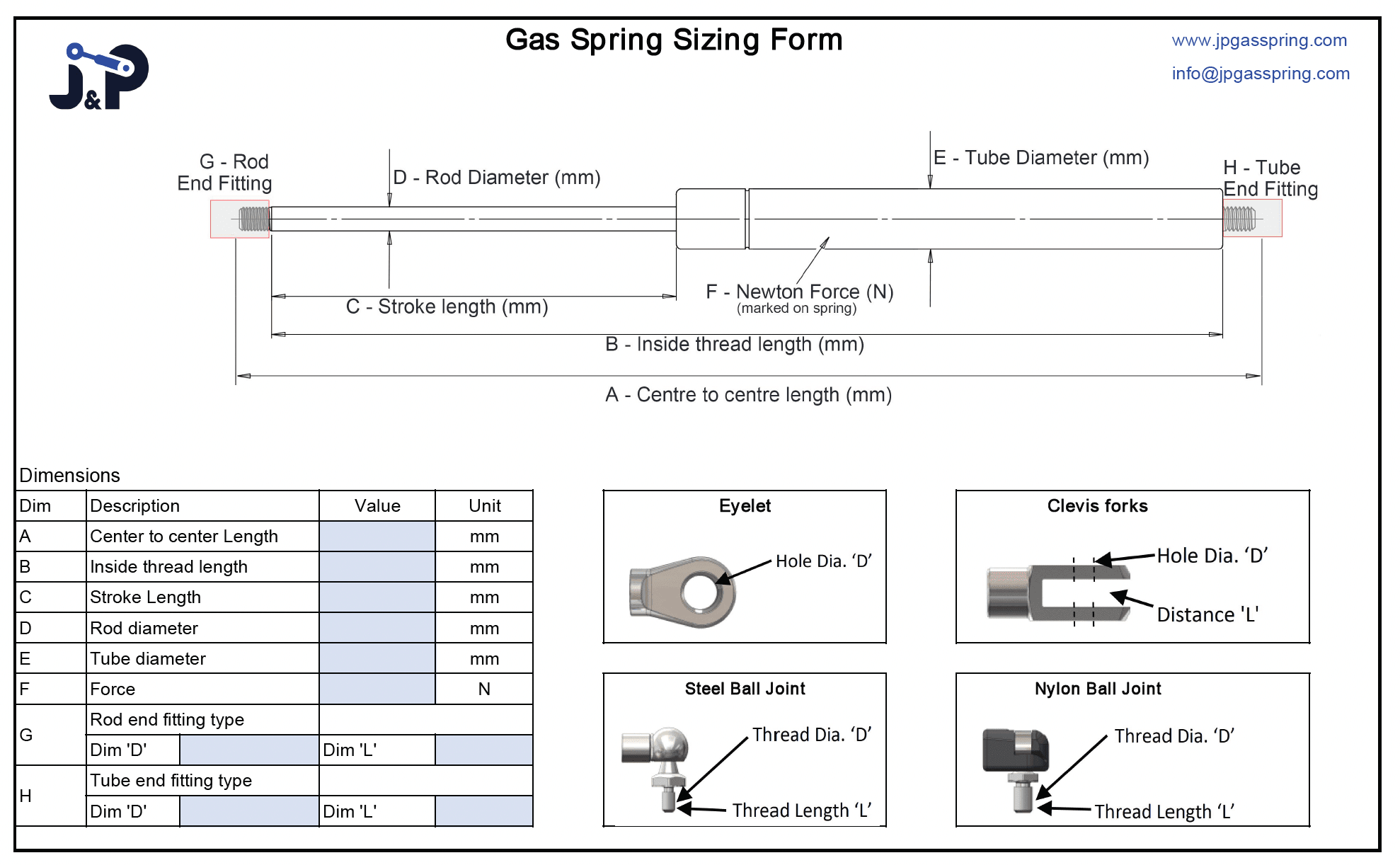 Gas Spring Size Chart - jp